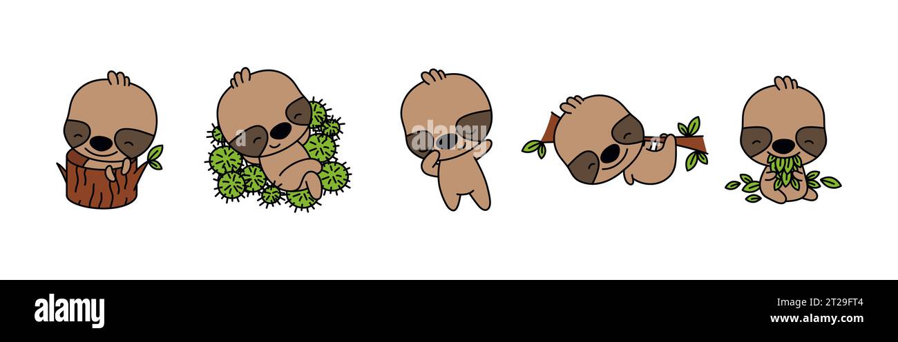 Set of Cartoon Isolated Sloth. Set of Cute Kawaii Sloth in Funny ...