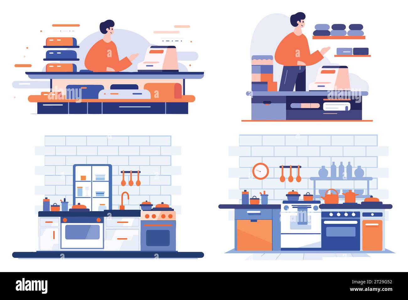 Hand Drawn Kitchen and shop in flat style isolated on background Stock ...