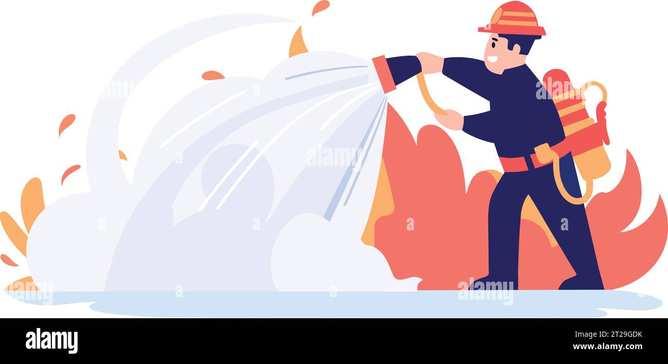 Hand Drawn Firefighter character extinguishing fire in flat style ...