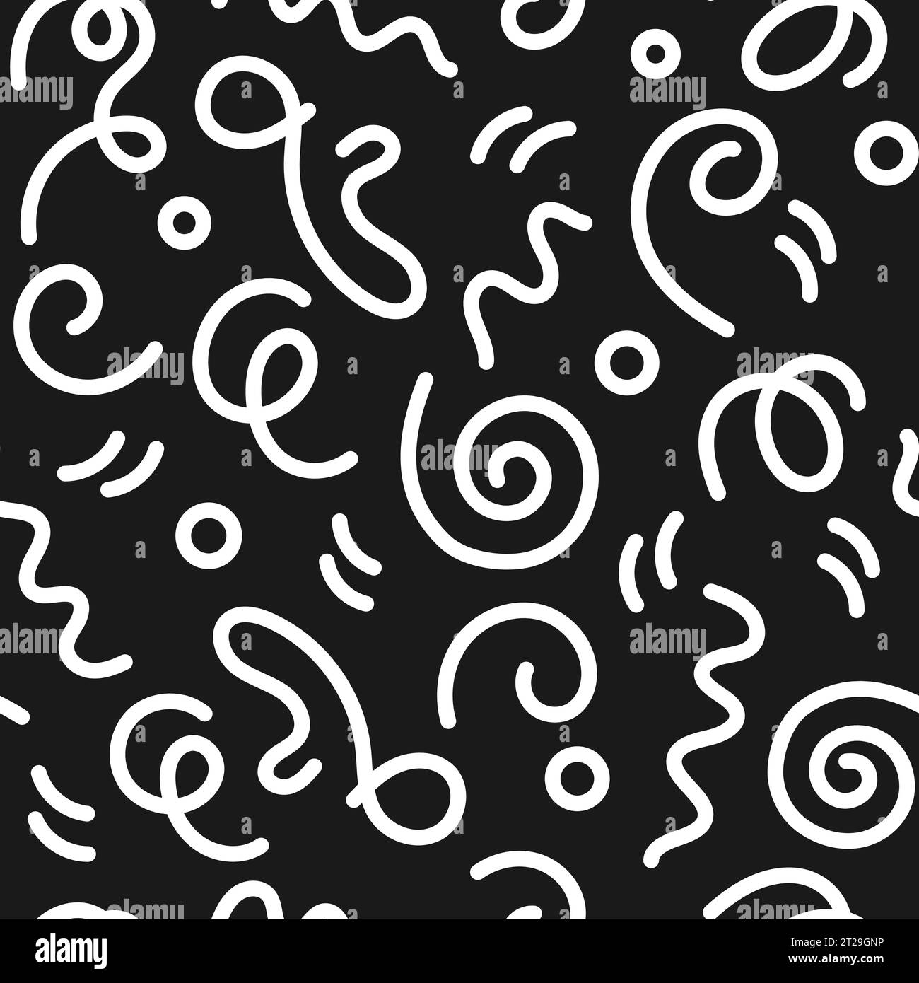 Doodle 90s style seamless pattern on black background with kid squiggles, swirls and zigzag ...