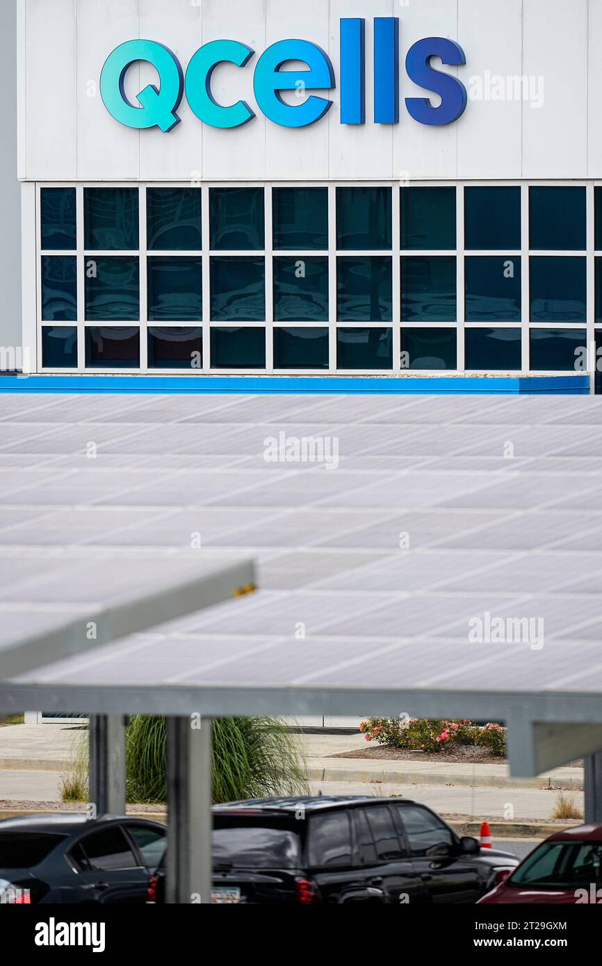 The Hanwha Qcells Solar plant sign is seen, Monday, Oct. 16, 2023, in ...