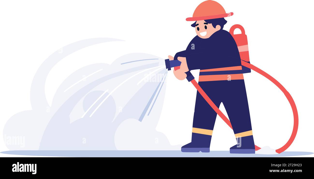 Hand Drawn Firefighter character extinguishing fire in flat style ...