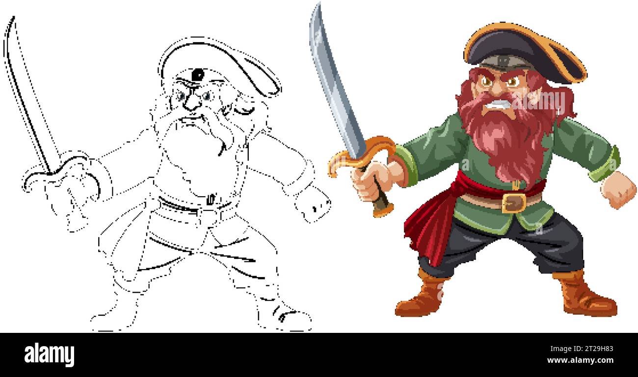 A vector cartoon illustration of a pirate engaging in sword fighting ...
