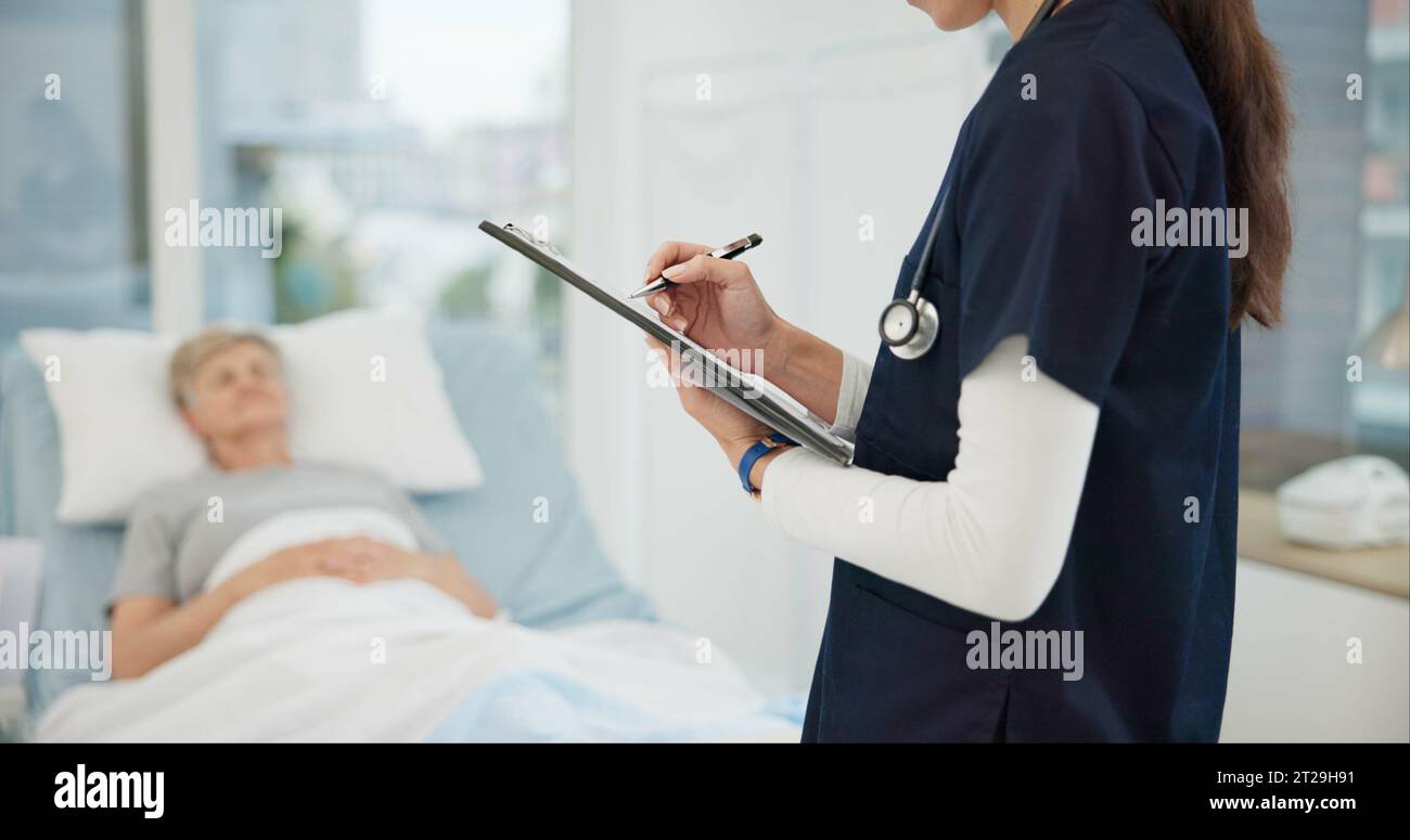 Checklist, hospital and bed with nurse writing healthcare information ...