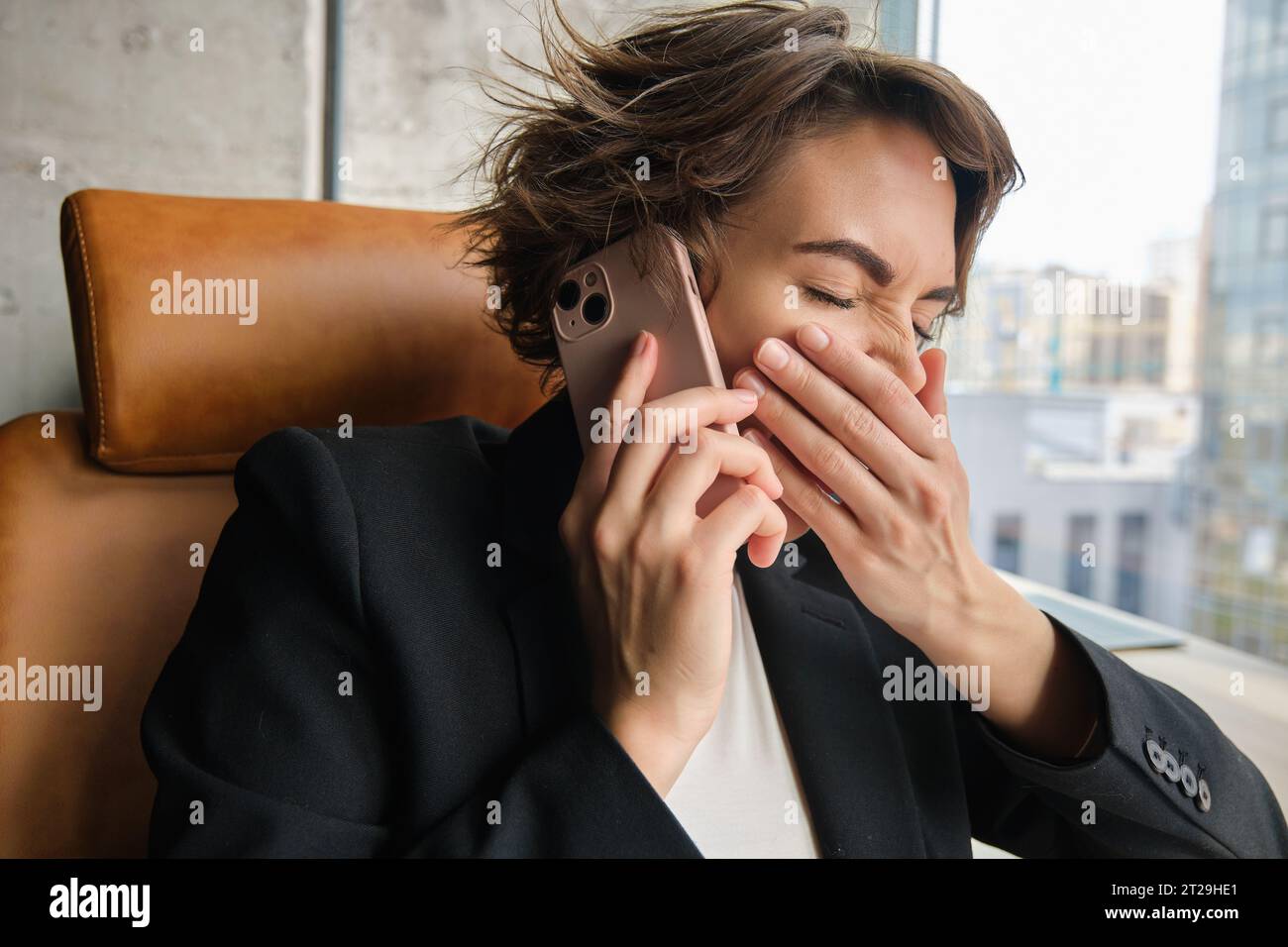 Close up portrait of woman laughing on phone call, corporate lady ...