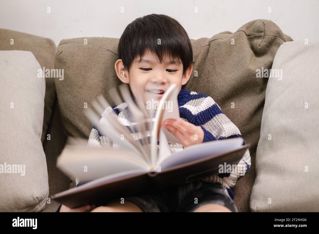 Asian boy reading a book on the sofa Learning outside the classroom ...