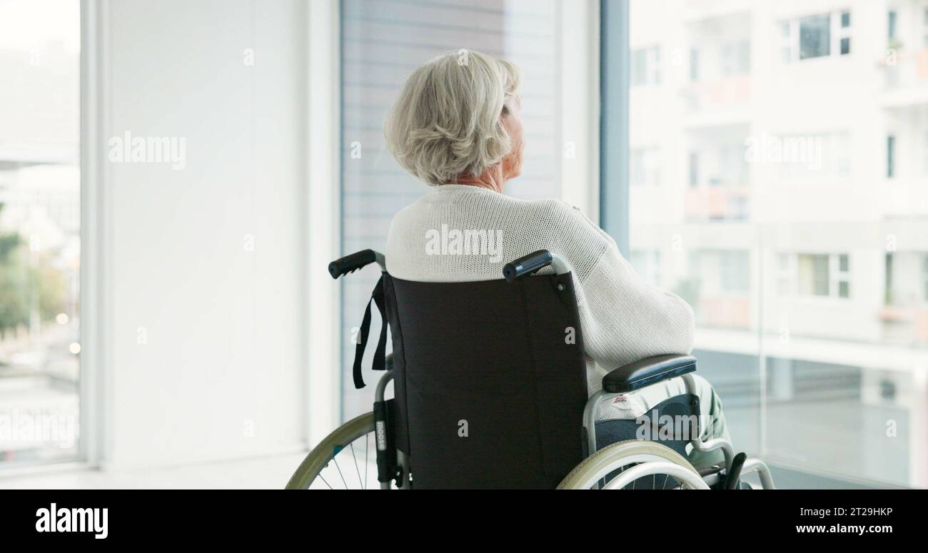 Thinking, woman in wheelchair and window in nursing home or person with ...