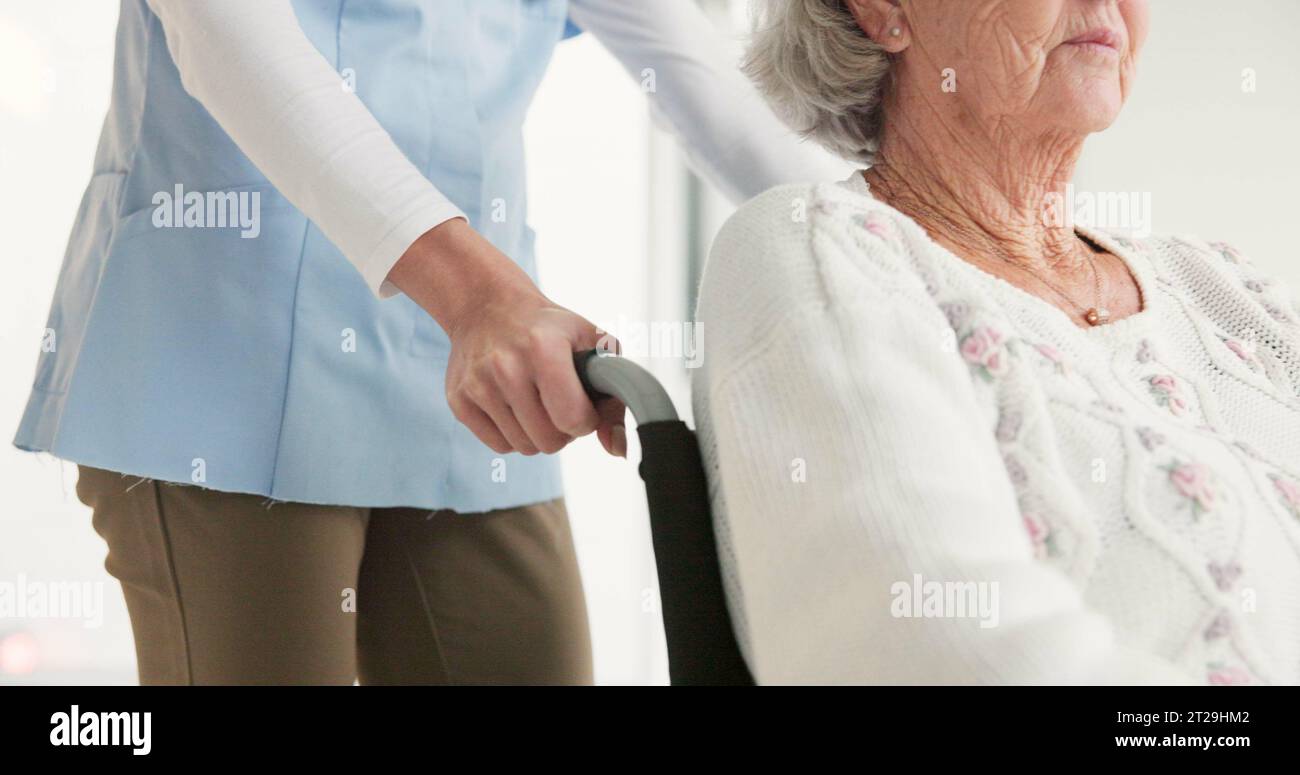 Nurse, senior woman and push wheelchair with helping hand, care and ...