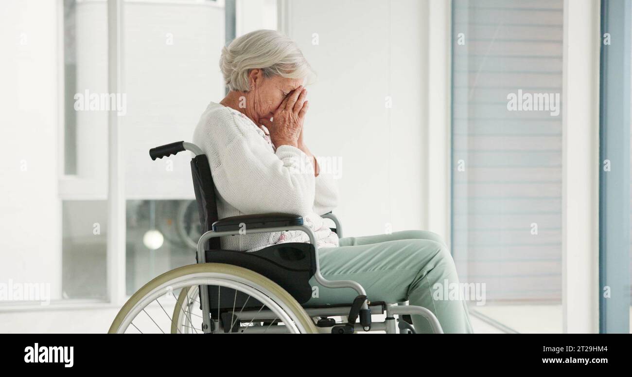 Sad, senior woman and person with disability, wheelchair and crying ...