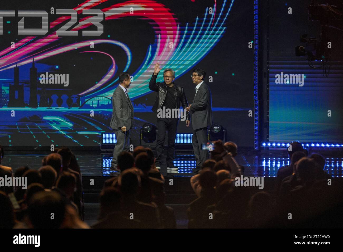 Taipei, Taiwan. 18th Oct, 2023. Jensen Huang (C), NVIDIA president with ...