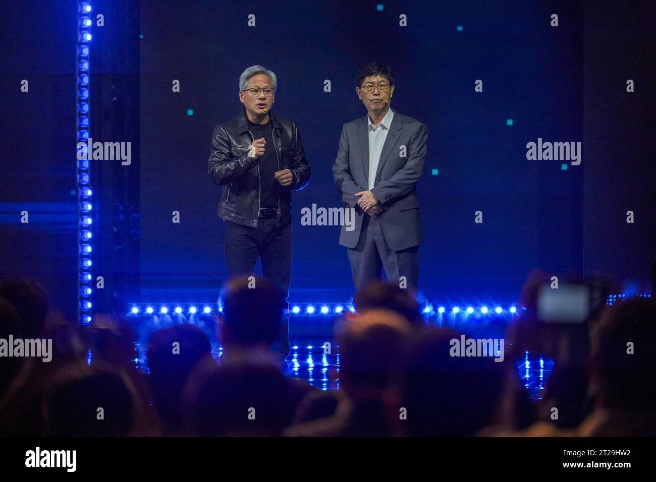 Taipei, Taiwan. 18th Oct, 2023. Jensen Huang (L ), NVIDIA president ...