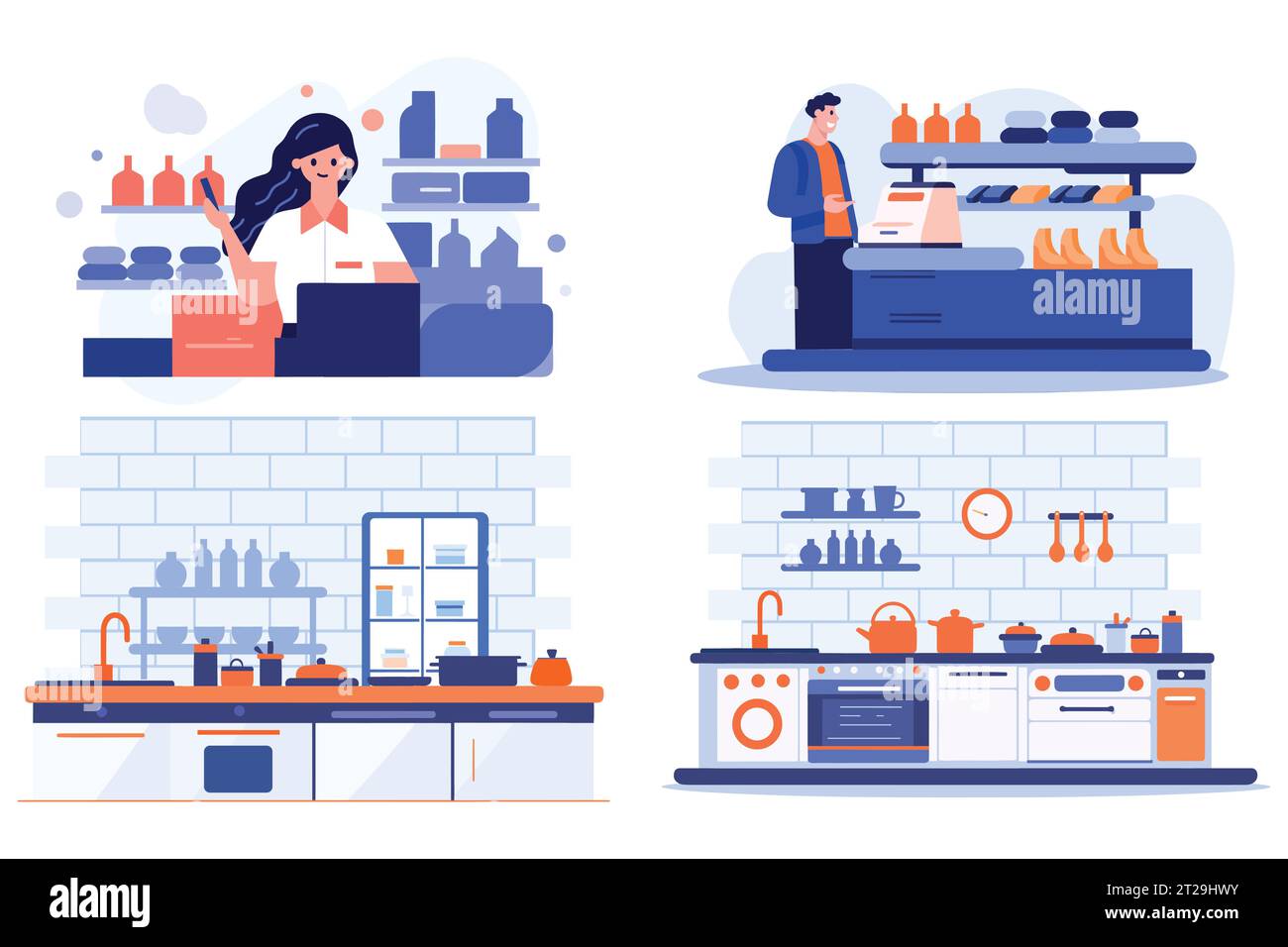 Hand Drawn Kitchen and shop in flat style isolated on background Stock ...