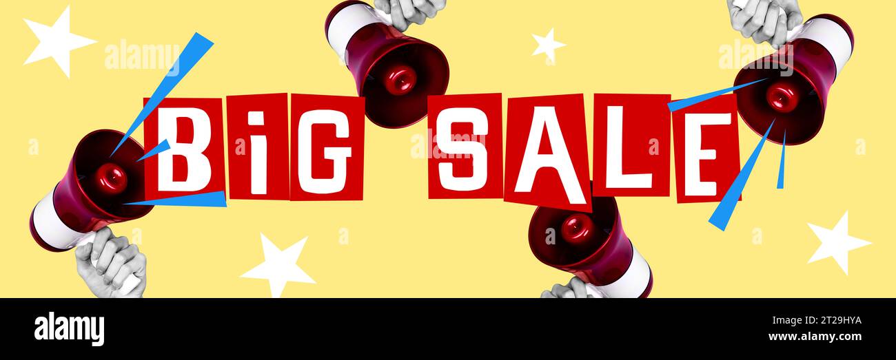 Creative collage poster of arms hold loudspeaker toa promoting limited ...