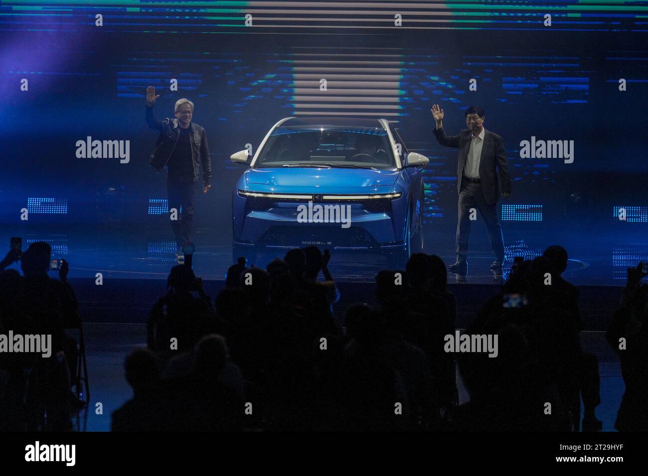 Taipei, Taiwan. 18th Oct, 2023. Jensen Huang (L ), NVIDIA president ...