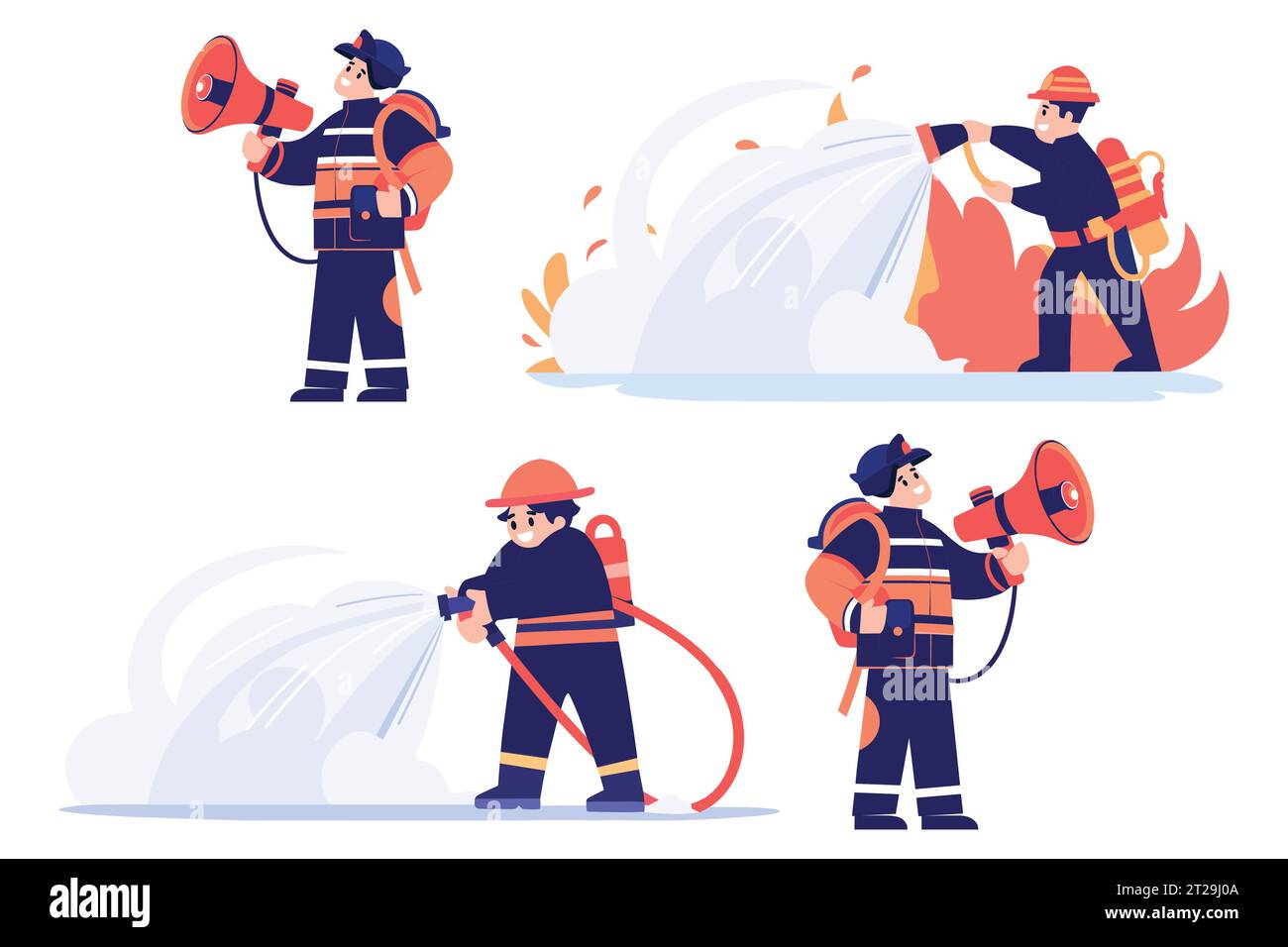 Hand Drawn Firefighter character extinguishing fire in flat style ...