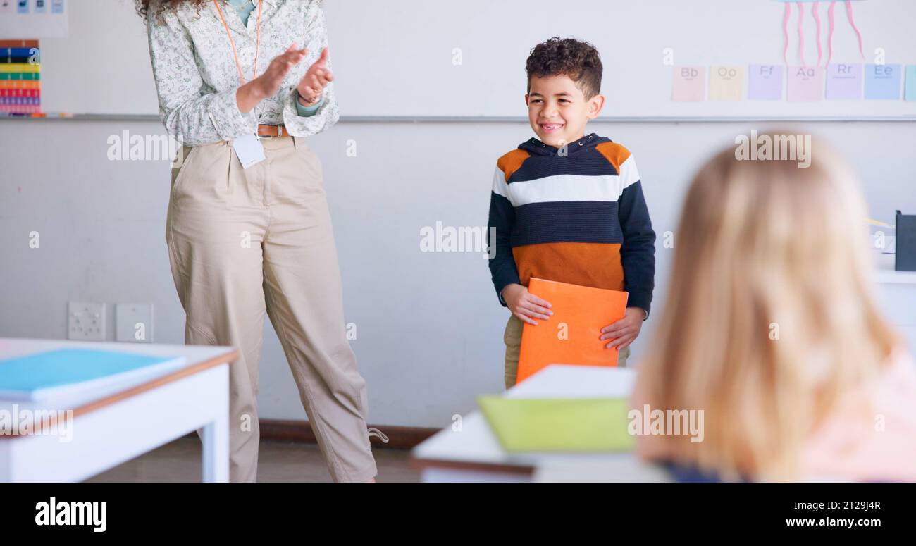 Class, presentation and child speaker with applause and cheering in ...