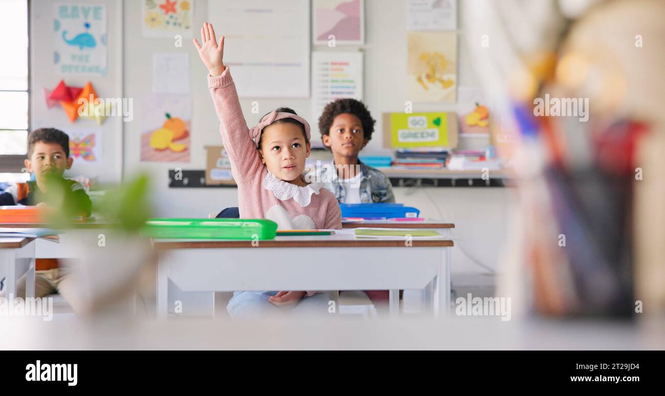 Education, question and students with girl in classroom for learning ...