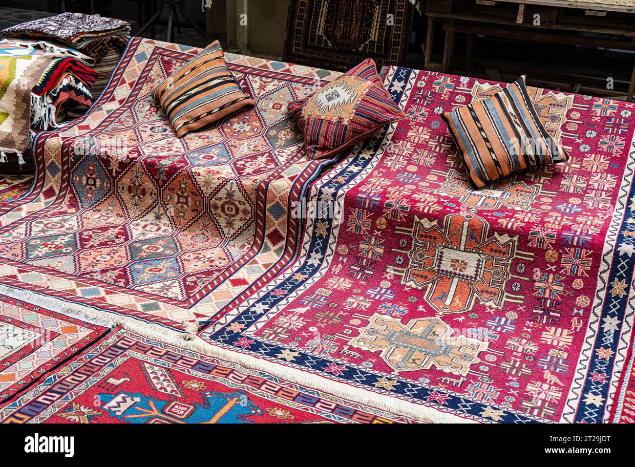 Colorful handmade carpets on street in Morocco in Old Tbilisi bazaar in ...