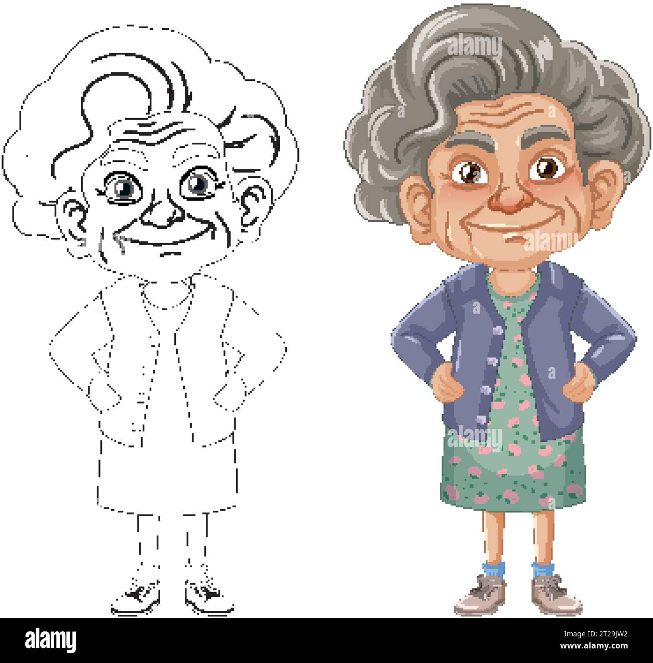 Vector illustration of a stylish grandmother in a dress and cardigan ...