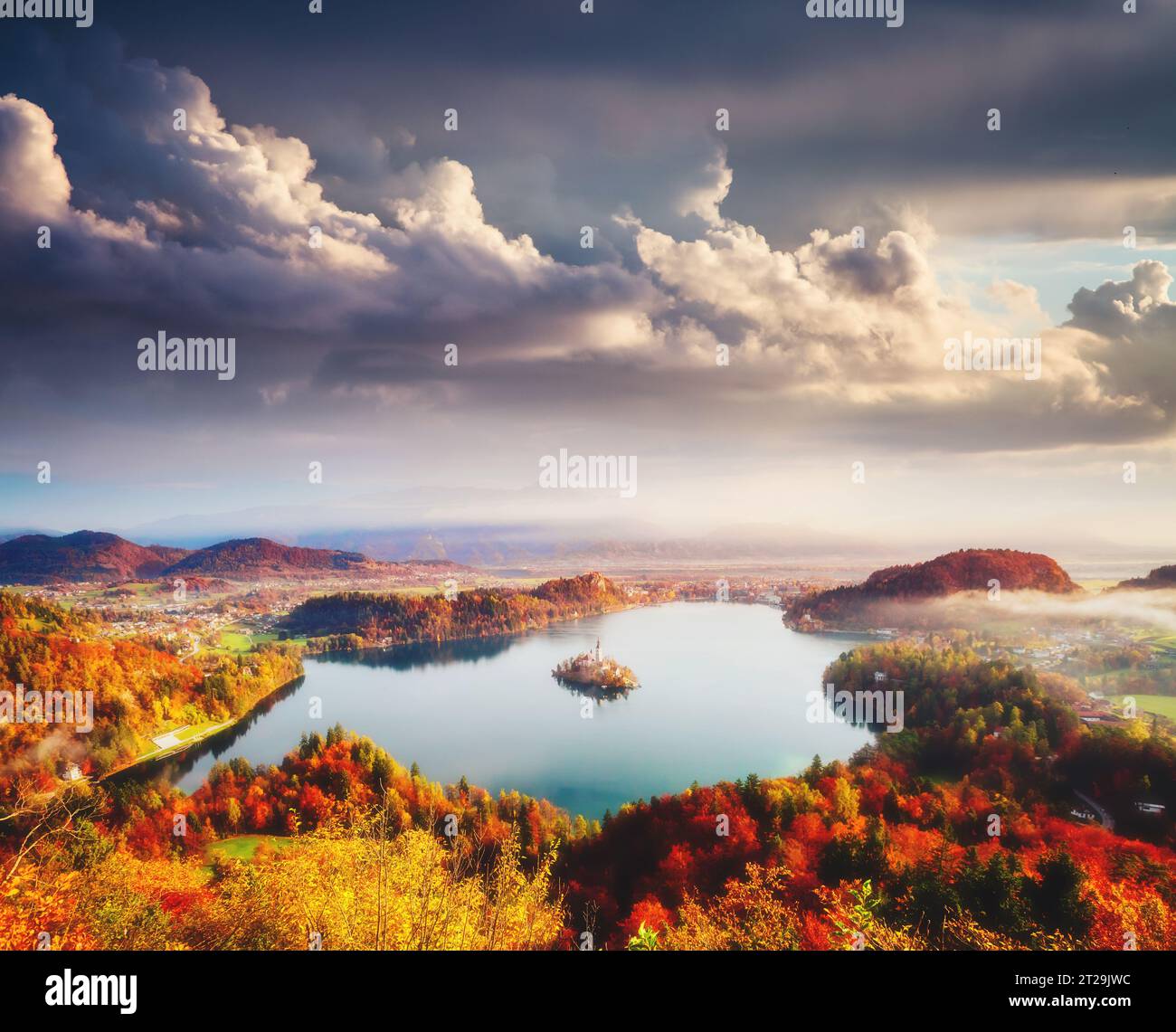 Aerial view of the island on alpine lake Bled from Osojnica viewpoint ...