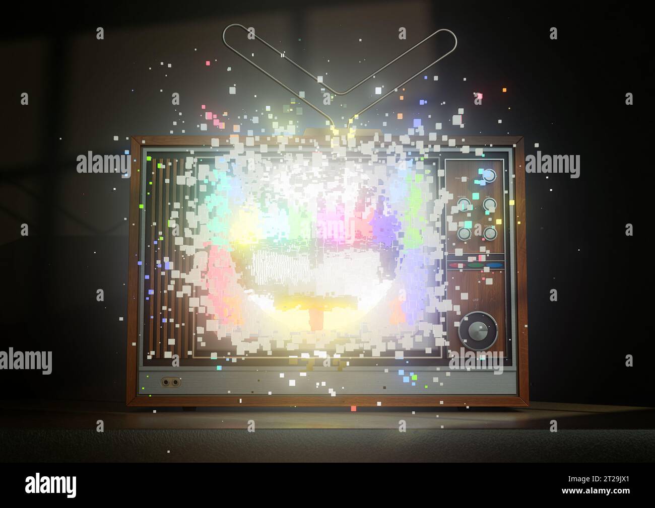 A dark room with a vintage television set from the eighties displaying ...