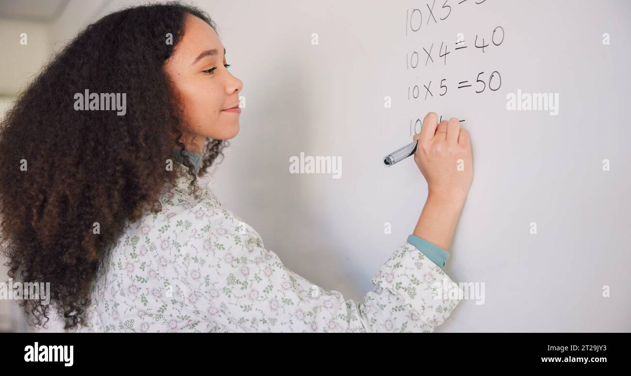 Teacher woman, writing and board for mathematics, study and question ...