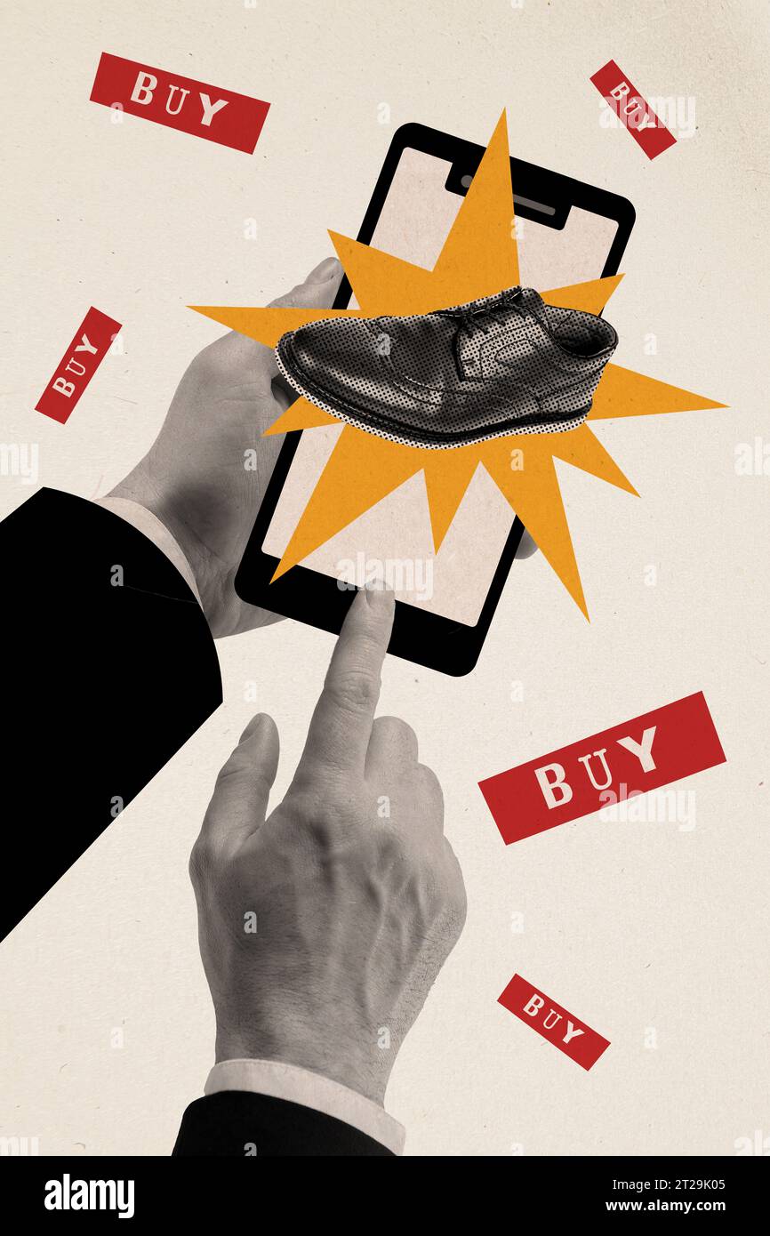 Composite collage poster banner of human arm choose footwear online ...