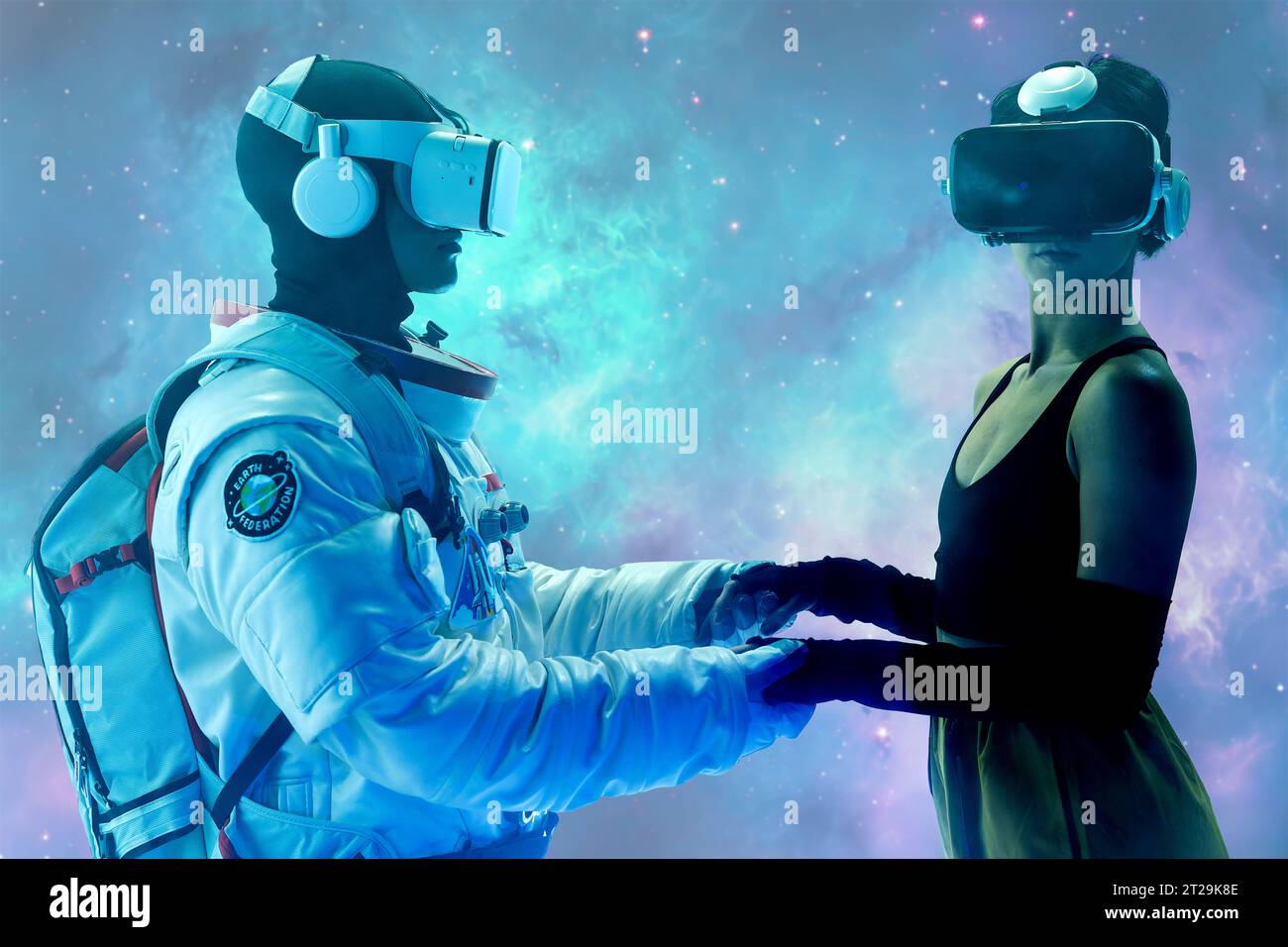 Anonymous male astronaut in spacesuit and woman in casual clothes ...