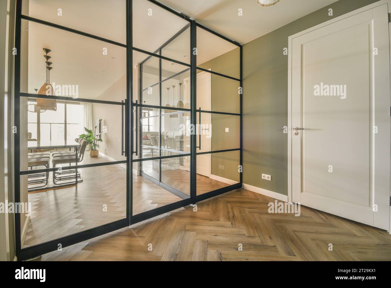 Interior of spacious living room with glass windows inside contemporary ...