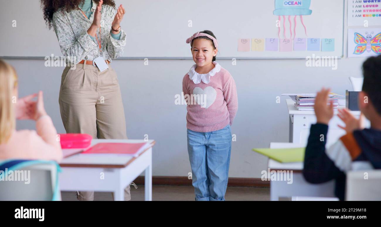 Class, presentation success and child speaker with applause and ...
