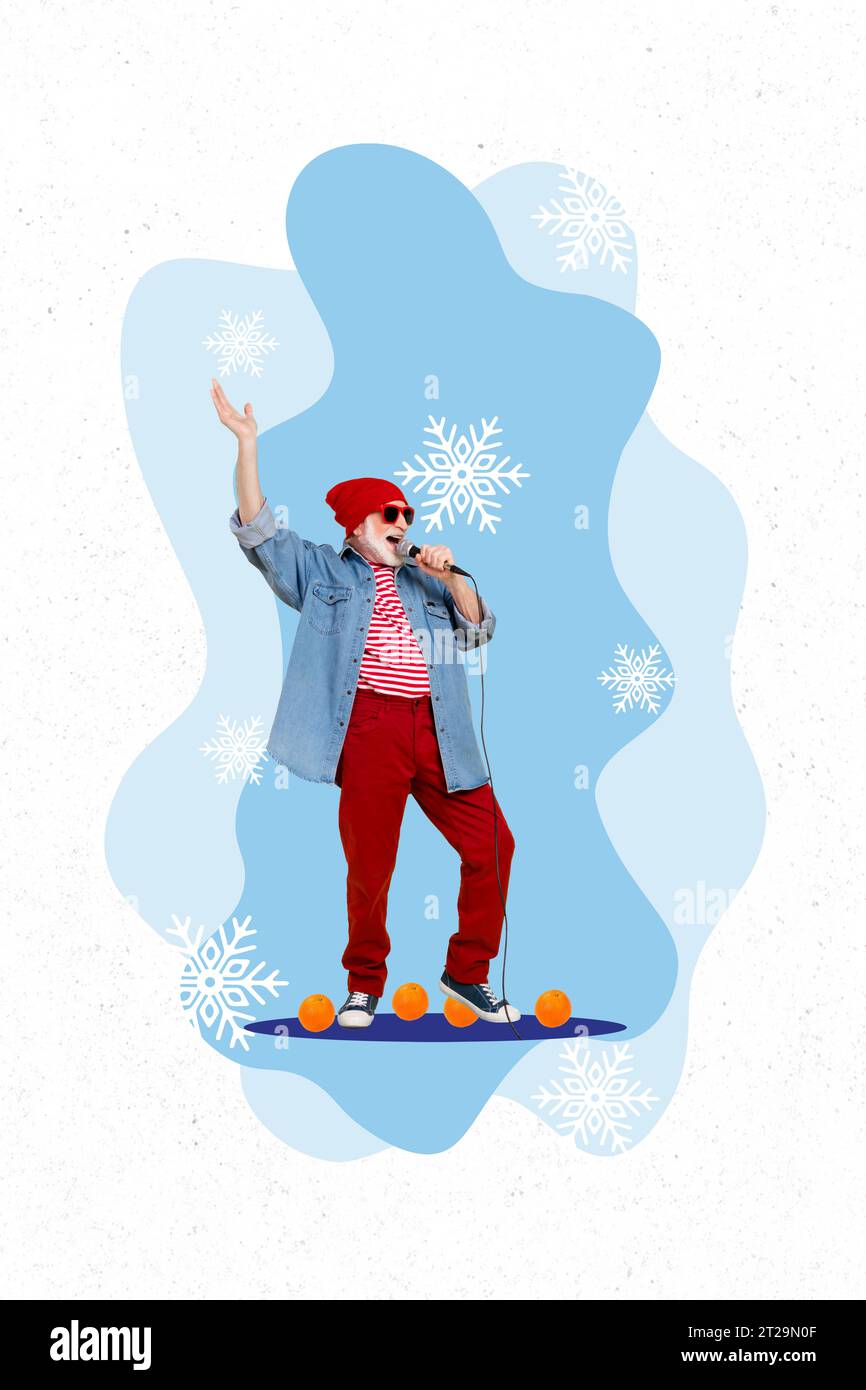 Vertical picture collage of funky cheerful jolly guy singing microphone ...