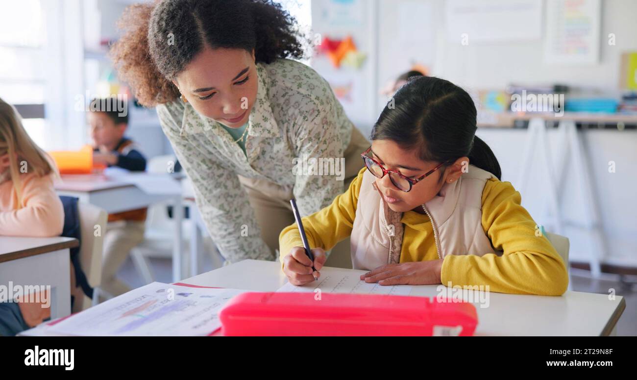 Teacher, girl and reading with question, book and classroom for ...