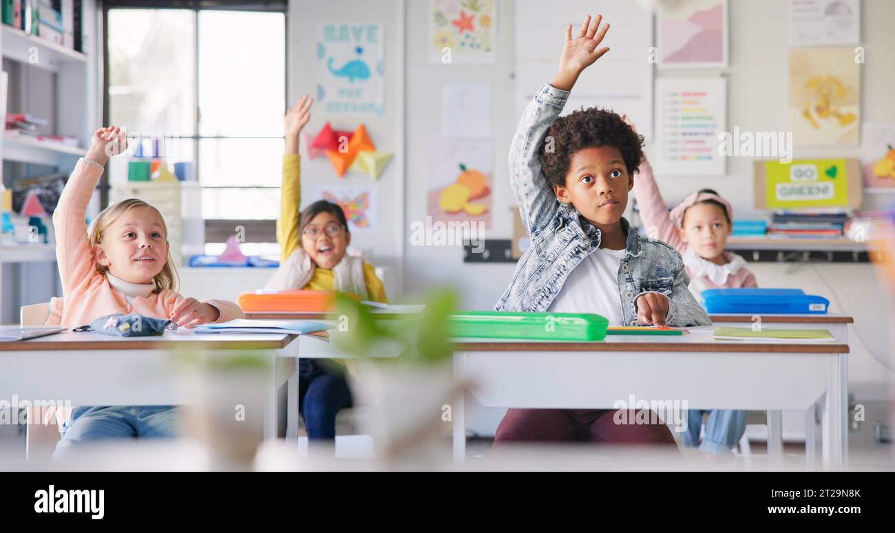 Education, question and answer with students in classroom for learning ...
