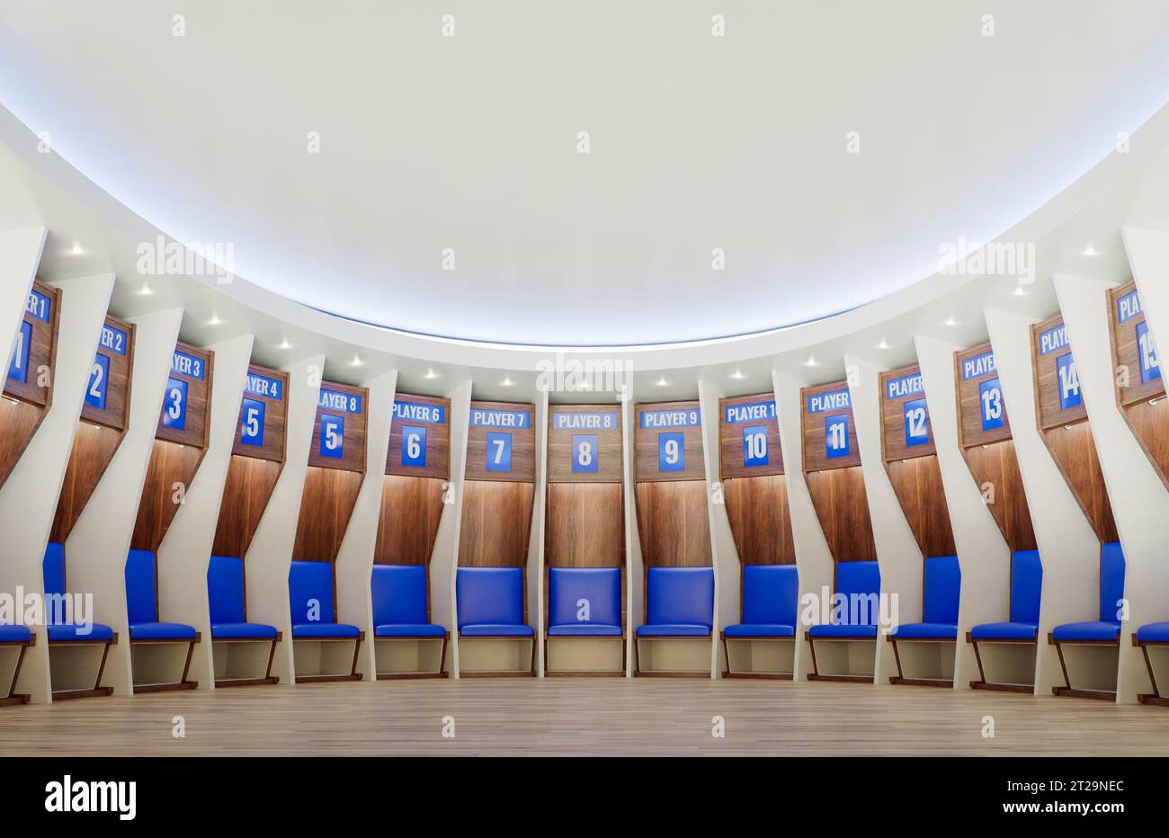 A sports locker room made of a semi circle of numbered cubicles and a ...