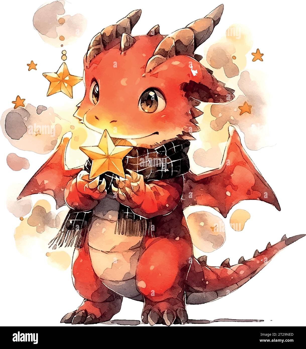 Cute Christmas red dragon with star in watercolor style on white ...