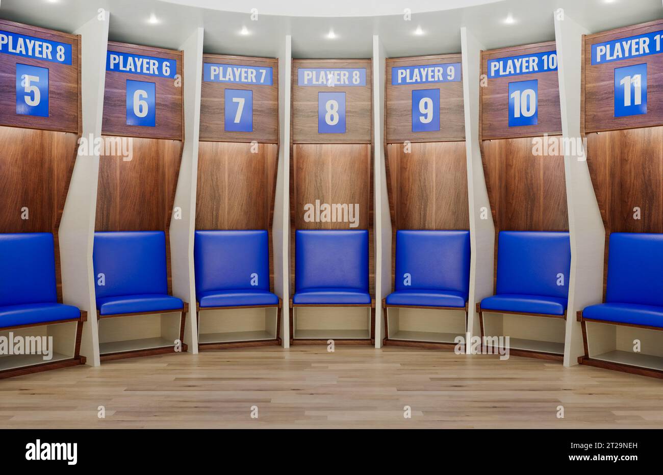 A sports locker room made of a semi circle of numbered cubicles and a ...