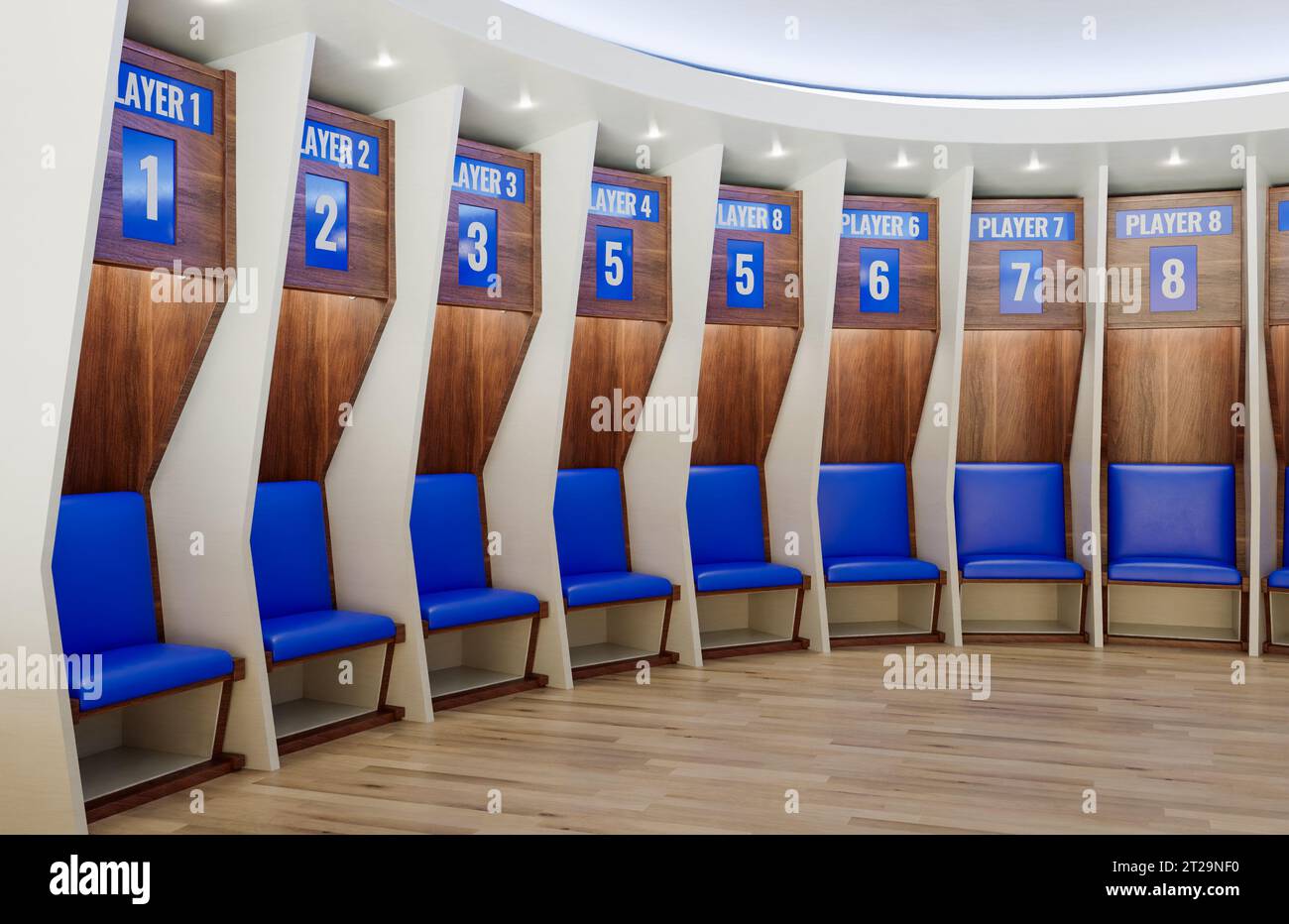 A sports locker room made of a semi circle of numbered cubicles and a ...