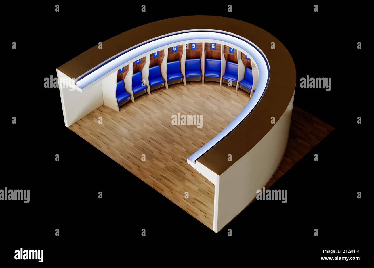 A sports locker room made of a semi circle of numbered cubicles and a ...