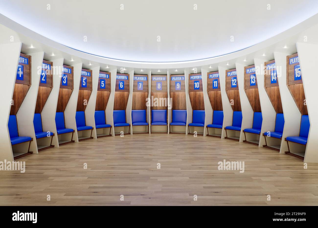 A sports locker room made of a semi circle of numbered cubicles and a ...