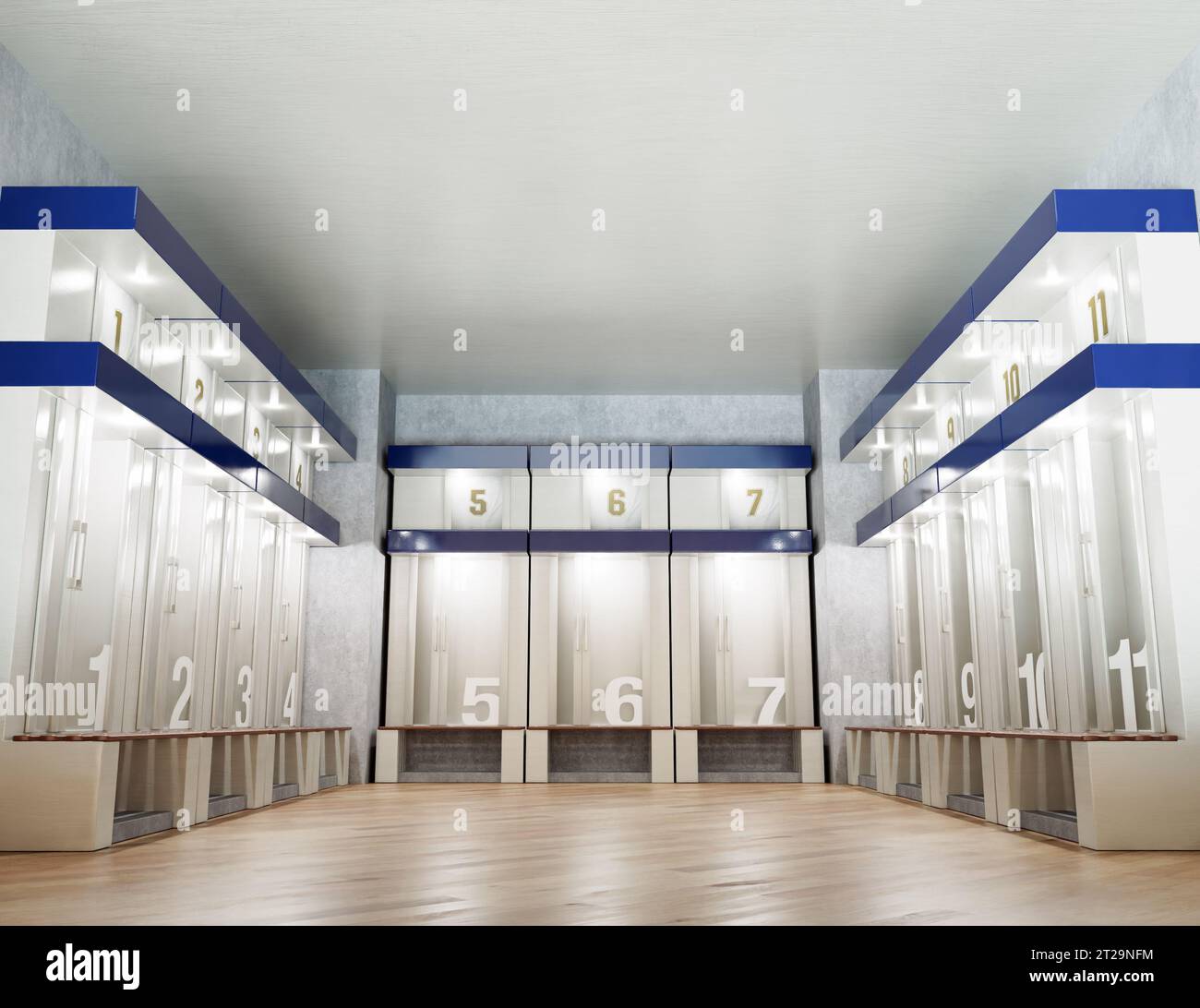 A sports locker room made of cubicles with cupboards numbered shirts a ...