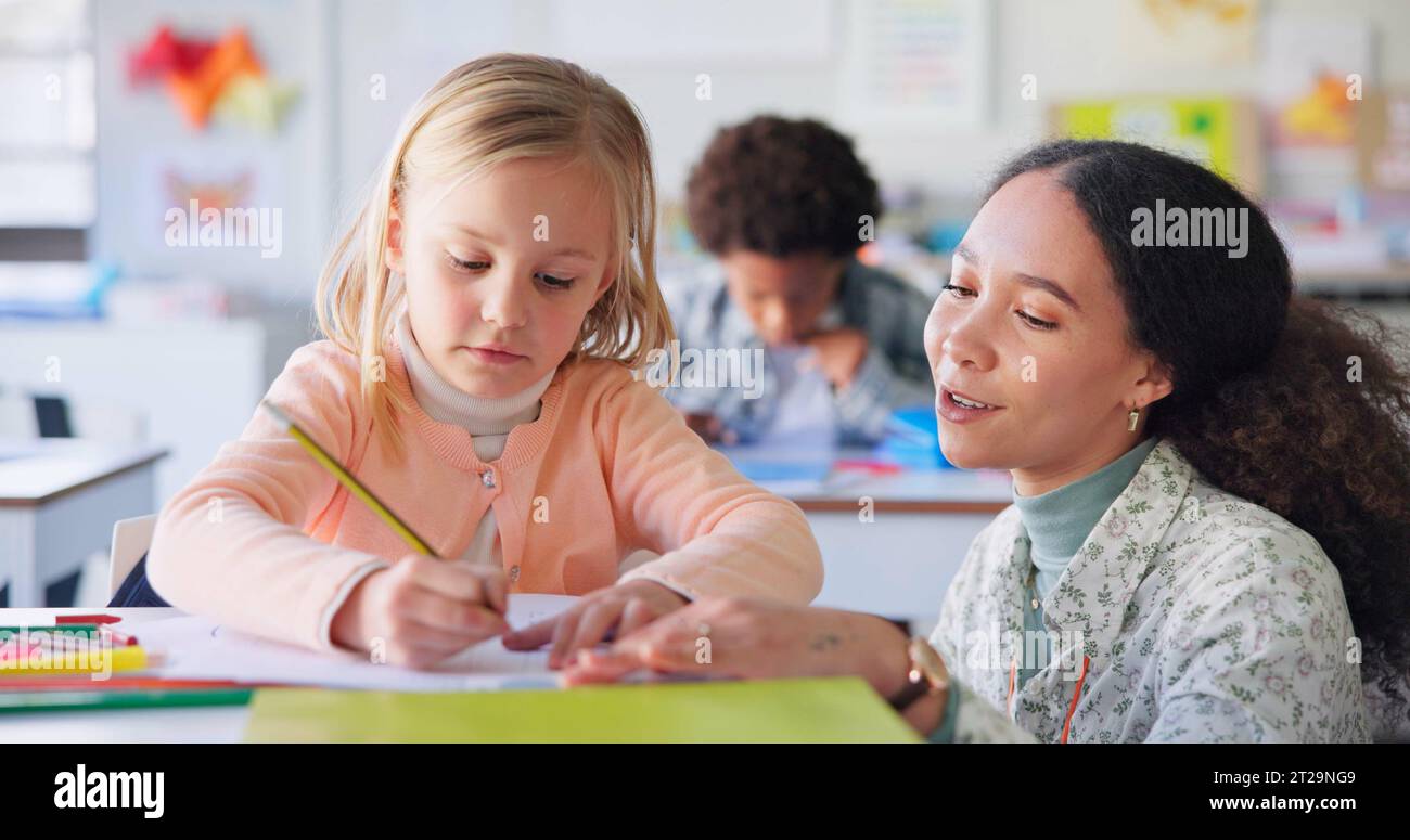 Teacher, girl and help with writing, class and book for education ...