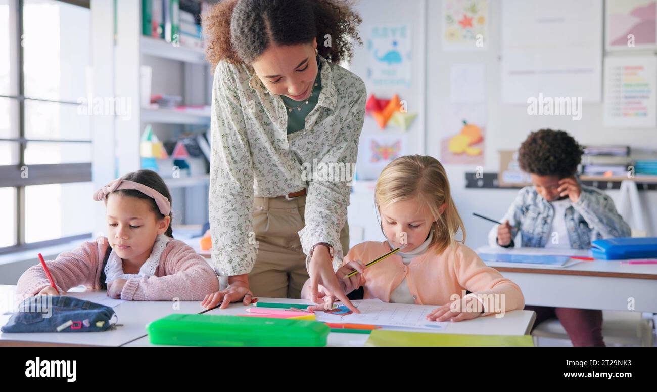 Help, teacher and woman with education, students and ideas with ...