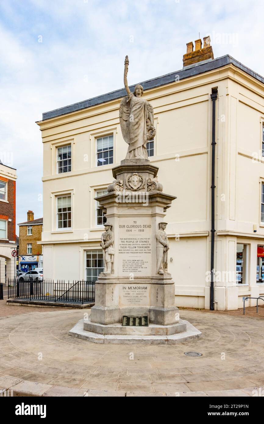 A war memorial featuring a winged figure standing atop a pedestal ...