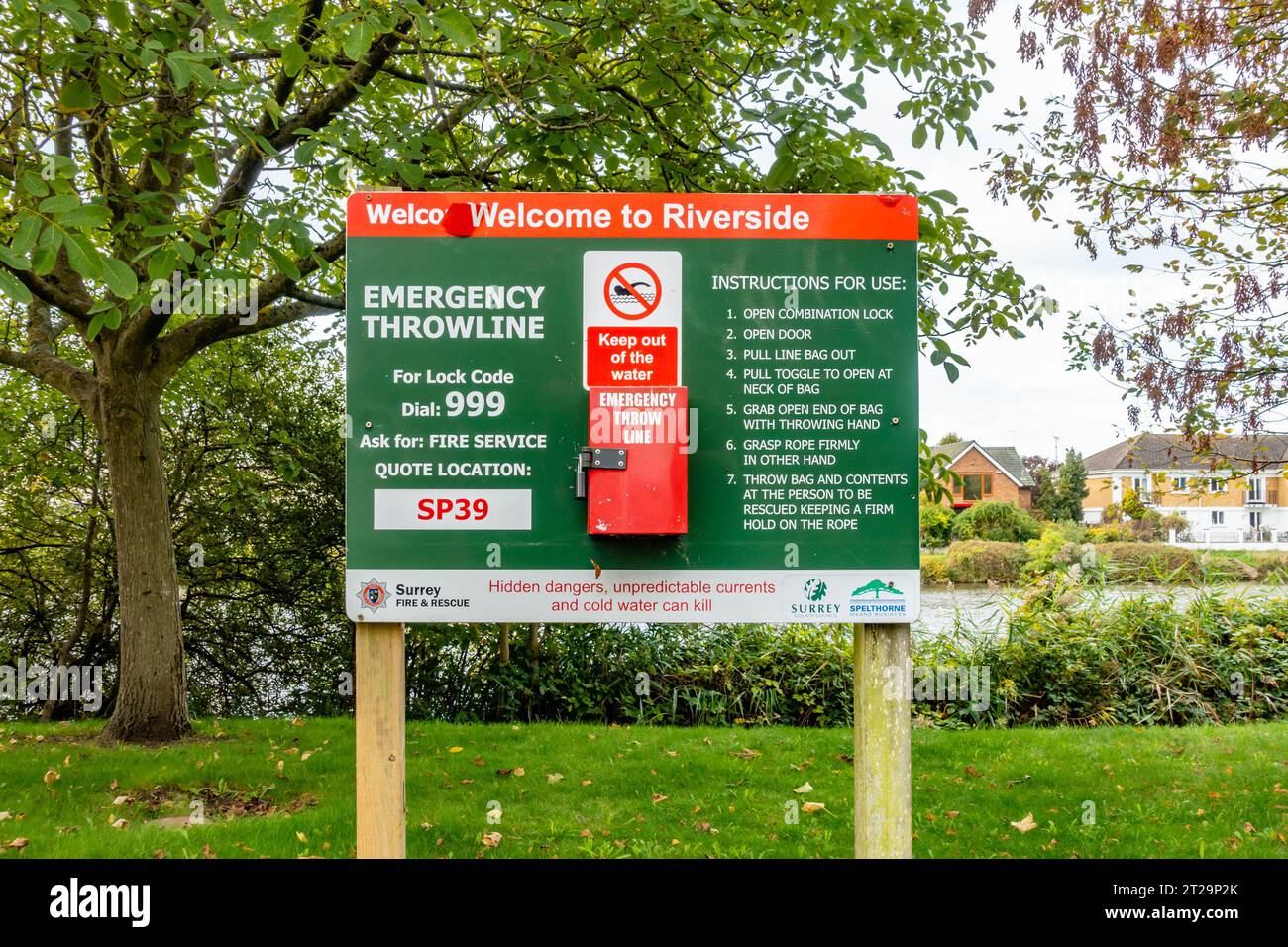 A sign with a throwline and instructions on usage by The River Thames ...