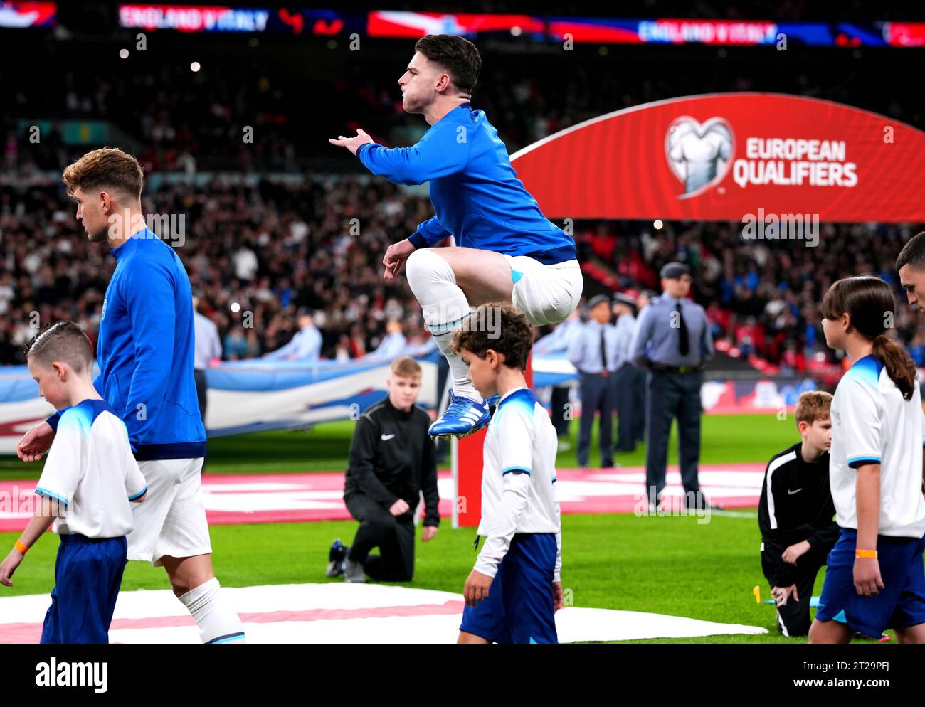 England's Declan Rice jumps up ahead of the UEFA Euro 2024 qualifying ...