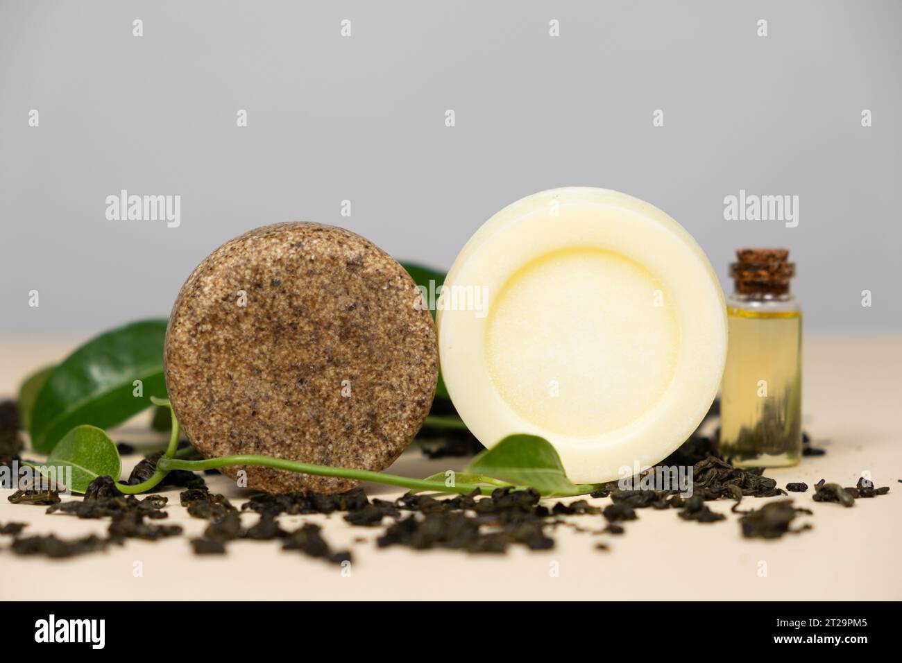 Solid shampoos for hair care, eco-friendly natural cosmetics made from herbs and oils Stock ...