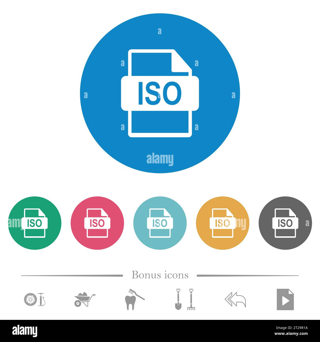 ISO file format flat white icons on round color backgrounds. 6 bonus ...