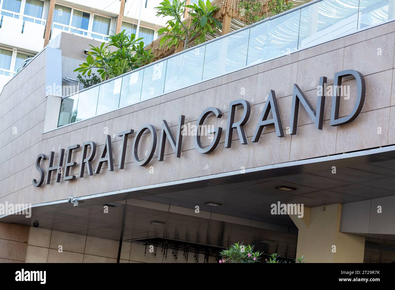 Tel Aviv, Israel - October 12, 2023 - Logo sign of Sheraton Grand Hotel ...
