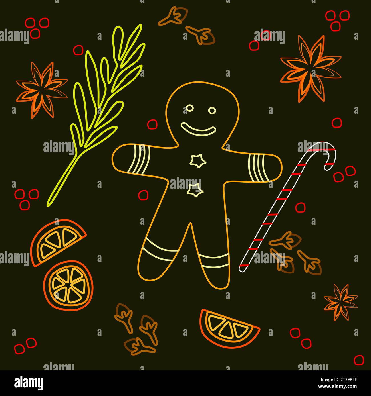 Linear Vector drawing of popular bakery spices, Gingerbread man, orange ...