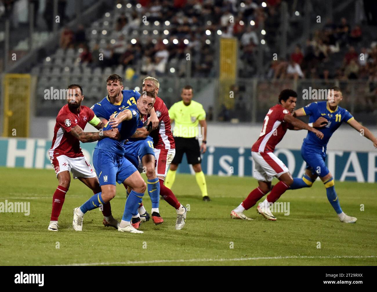 TA' QALI, MALTA - OCTOBER 17, 2023 - Players of Ukraine (blue kit) and ...
